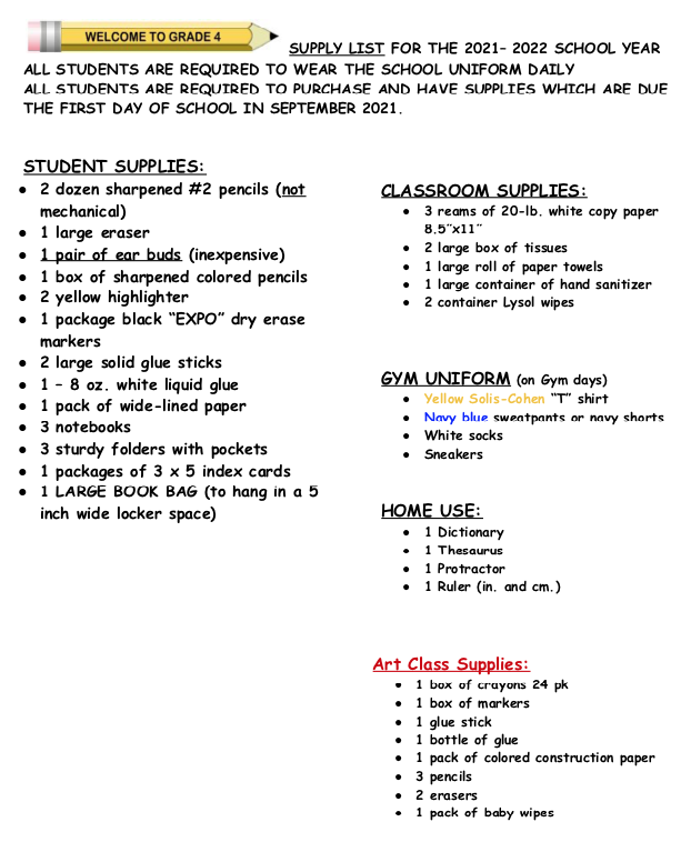 Supply Lists 2021-2022 School Year – Solomon Solis-Cohen School
